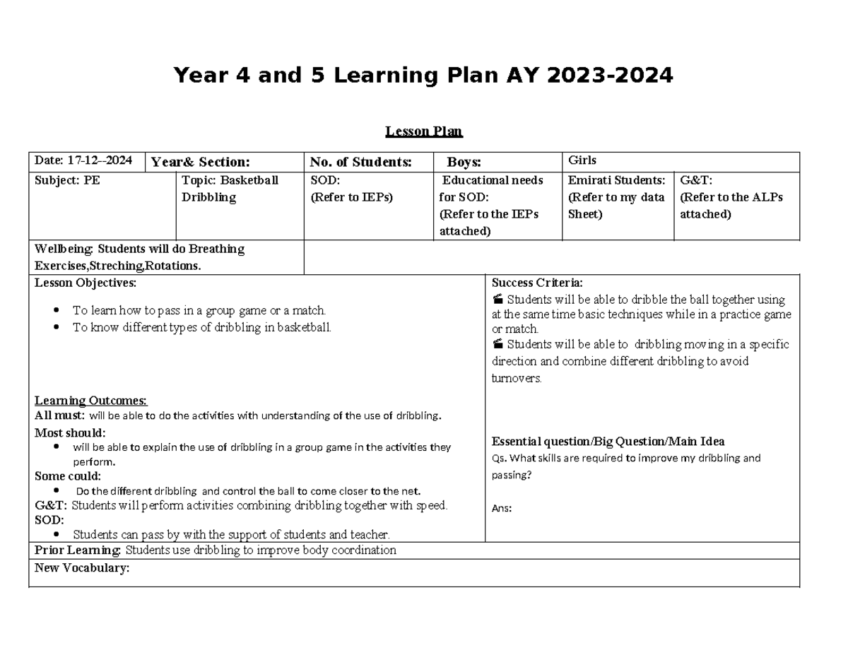 Year 4 & 5 PE Lesson Plan: Basketball Dribbling Skills - Studocu