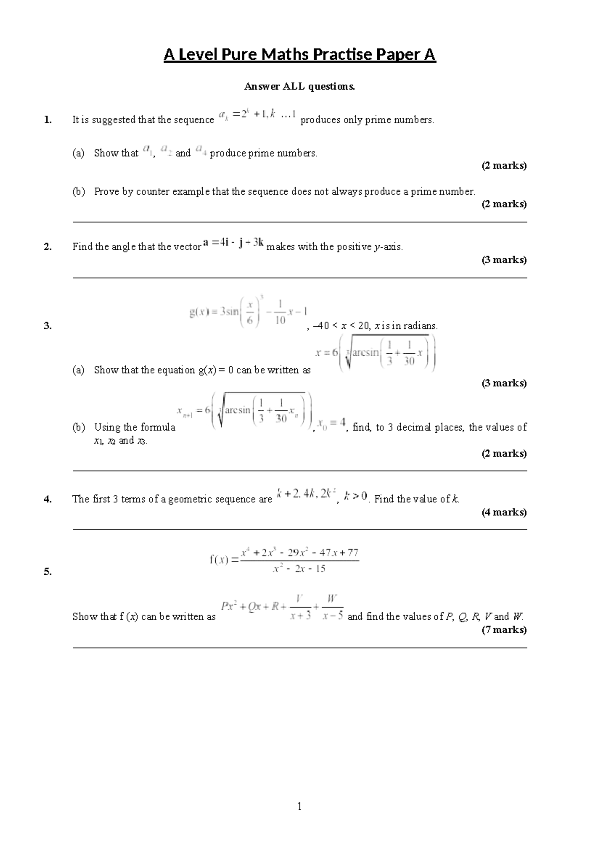 01a A Level Mathematics Practice Paper A - Pure Maths Questions - Studocu