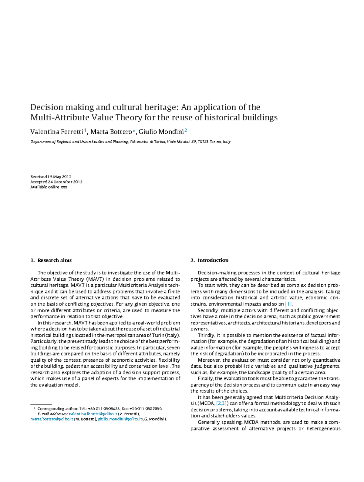 MAVT Application in Cultural Heritage Decision-Making: Reusing ...