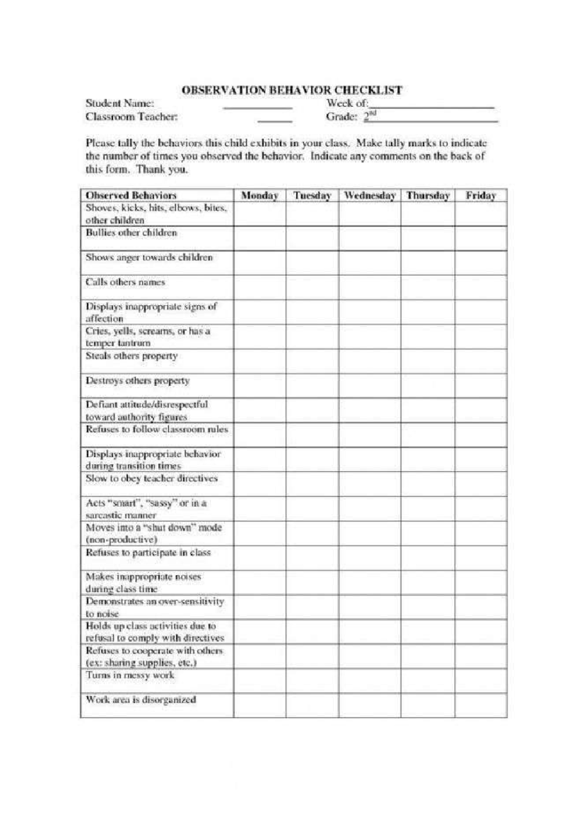 Checklist - OBSERVATION BEHAVIOR CHECKLIST Student Name: Week of ...