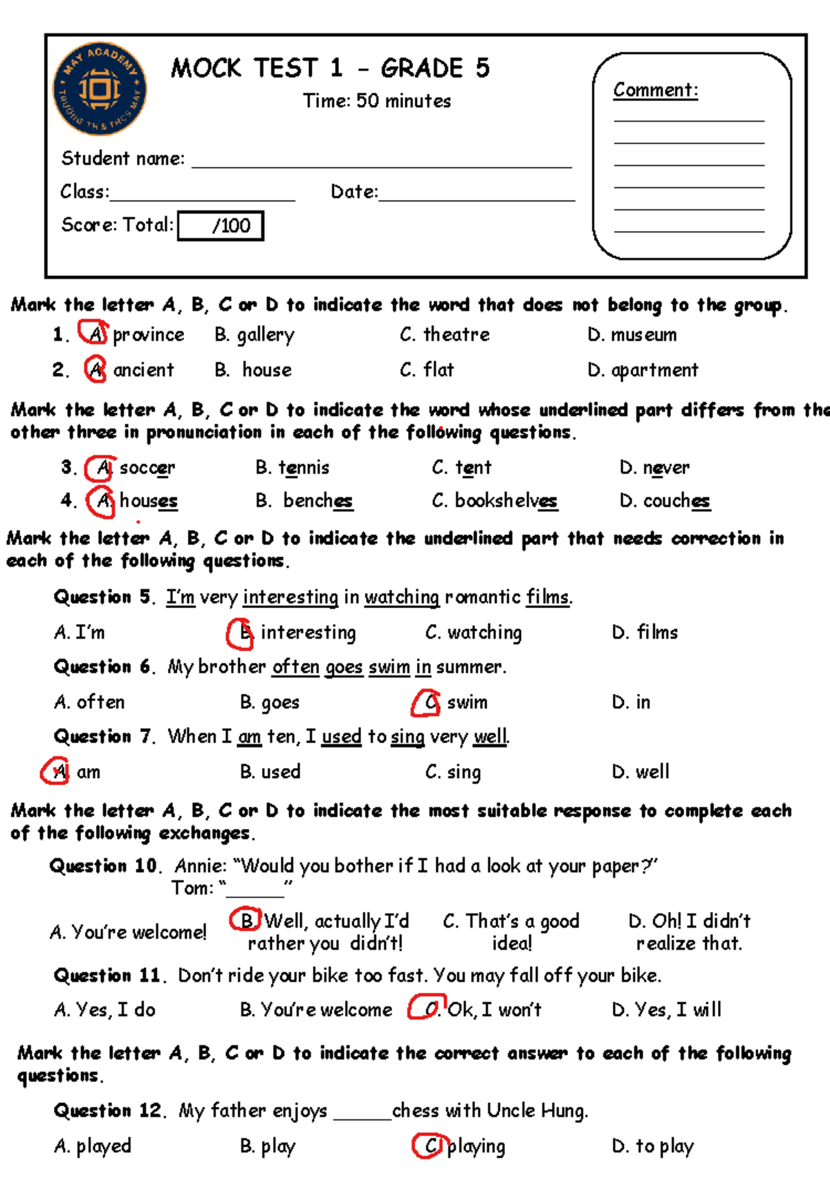 MOCK TEST 1 GRADE 5 - Key Answers and Format Guide - Studocu
