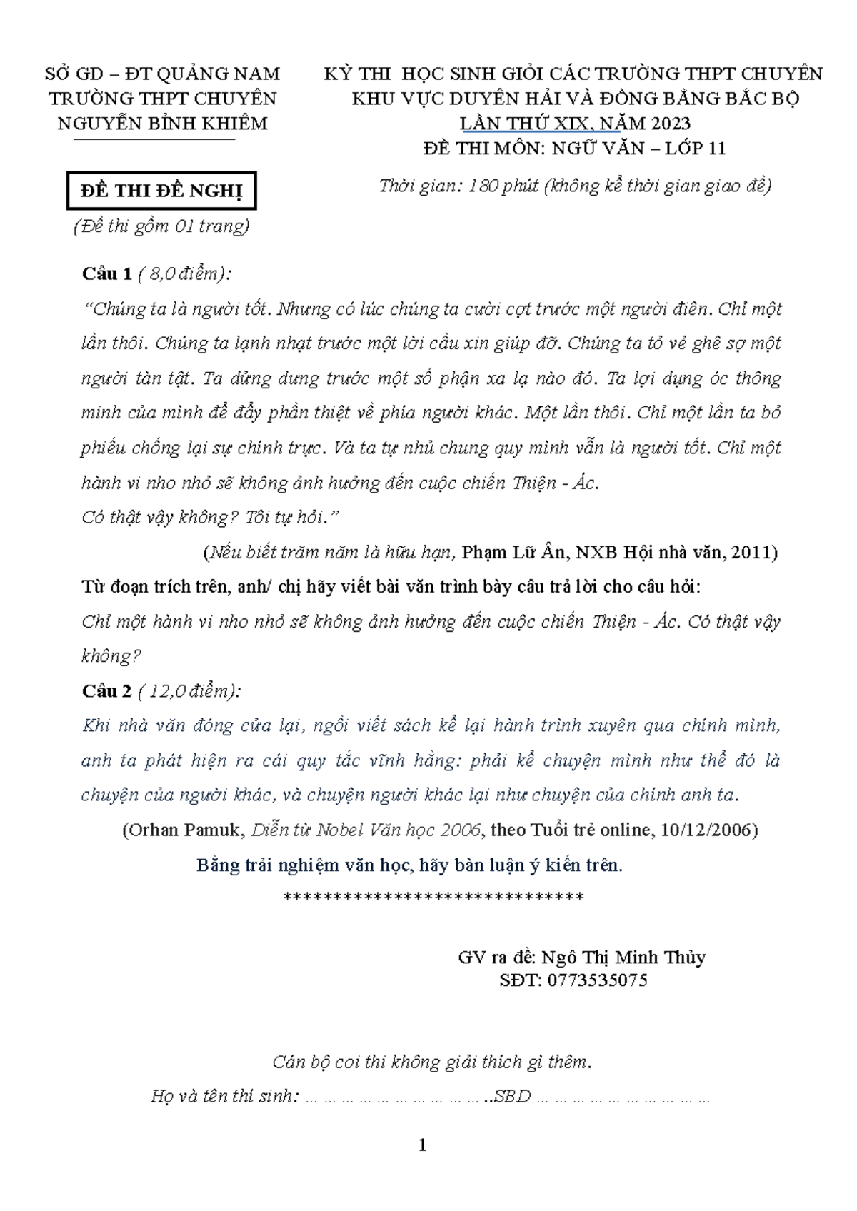 ĐỀ THI HỌC SINH GIỎI MÔN NGỮ VĂN LỚP 11 - K11, NĂM 2023 - Studocu