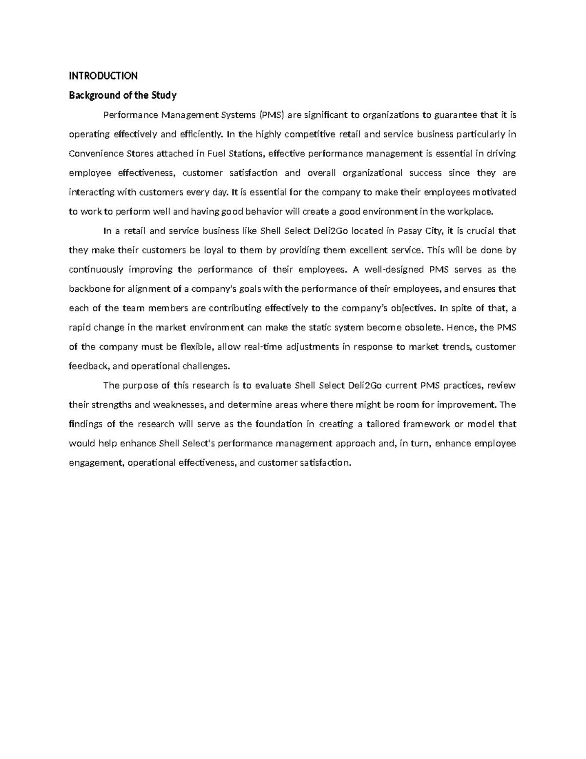PMS Evaluation and Improvement Framework for Shell Select Deli2Go - Studocu