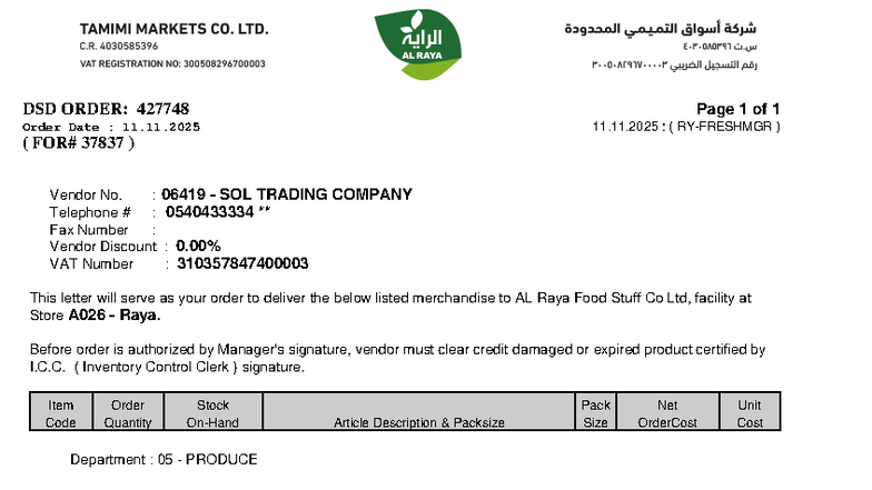 DSD Order #427748 - Vendor 06419 - Sol Trading Co. - Studocu