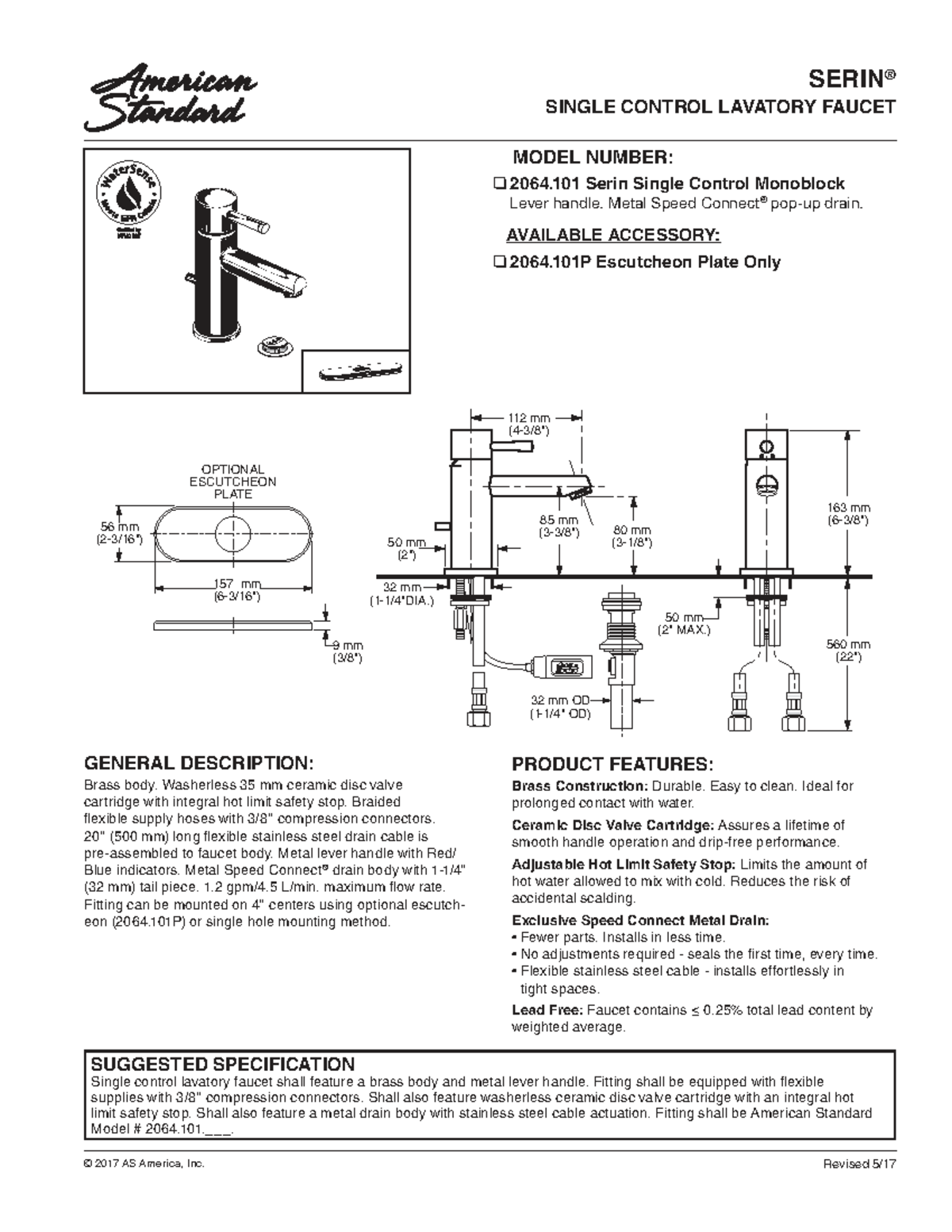 Single Control Lavatory Faucet Specs - Model 2017 AS America - Studocu