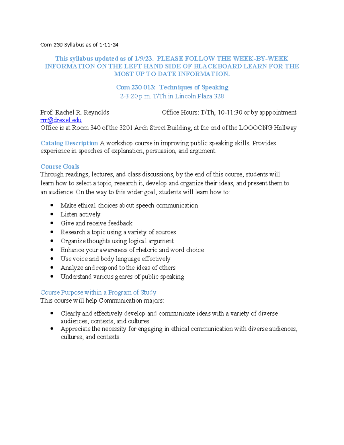 Com 230 Syllabus Updated: Techniques of Speaking for Spring 2024 - Studocu
