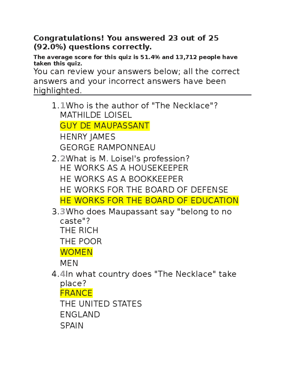 The Necklace Quiz - Questions and Answers Review (Short Story) - Studocu