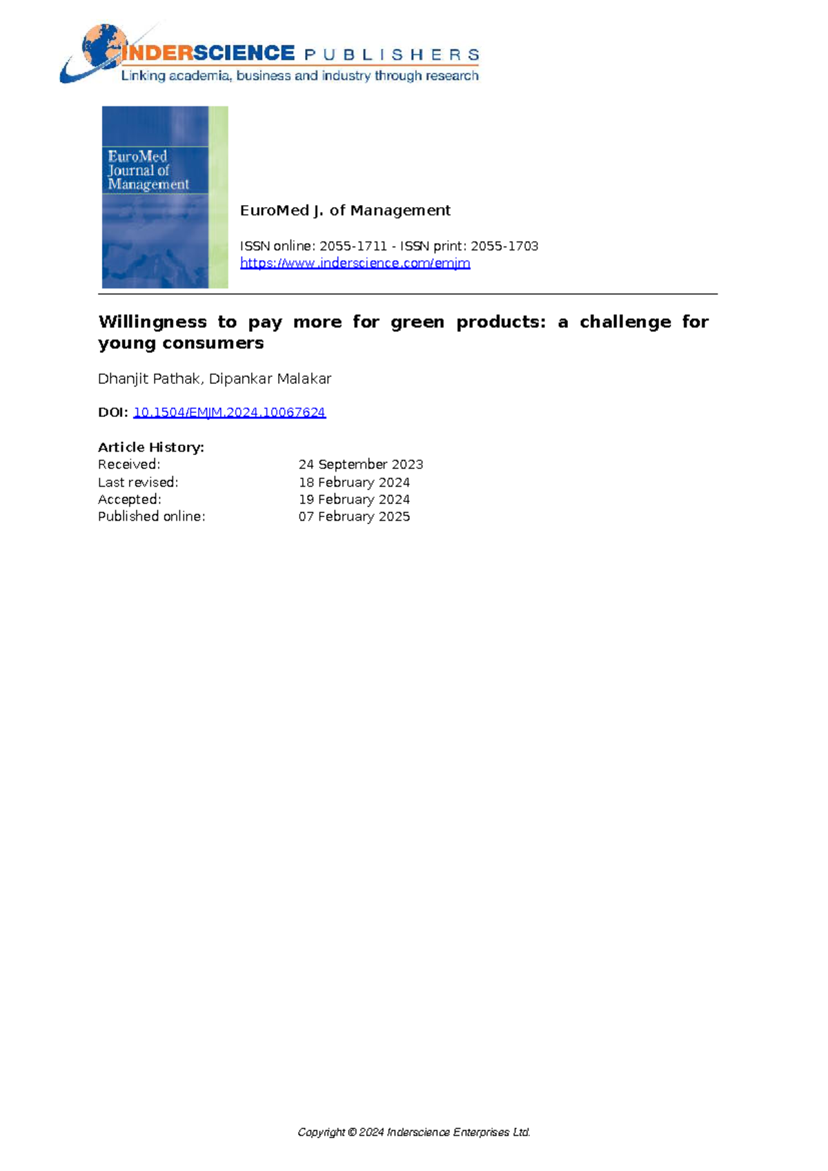 EuroMed J. Management 2024: WTP for Green Products Among Youth - Studocu