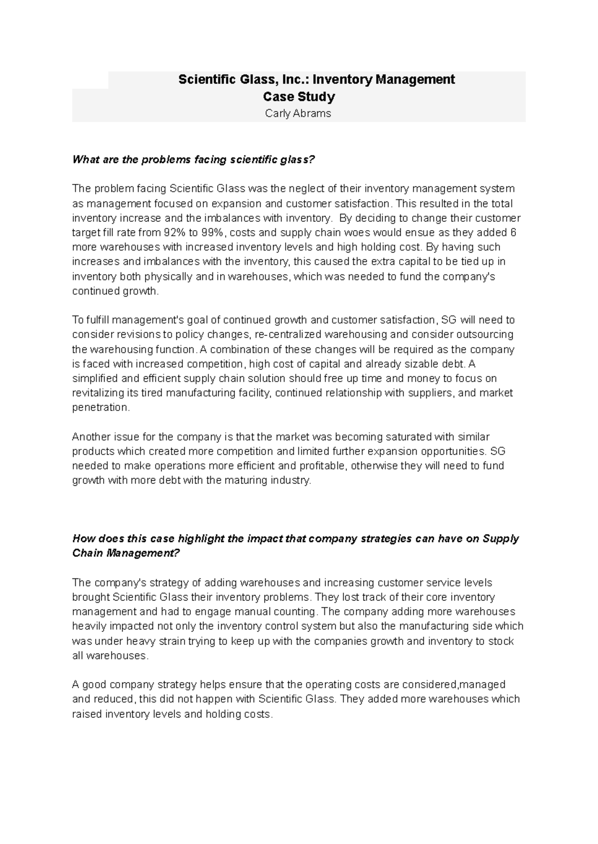 Case Study on Inventory Management Challenges at Scientific Glass, Inc ...