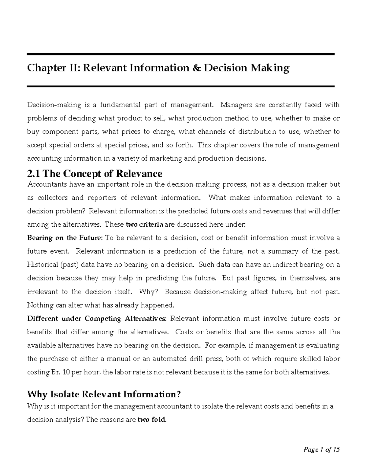 Relevant information Rev - Chapter II: Relevant Information & Decision ...