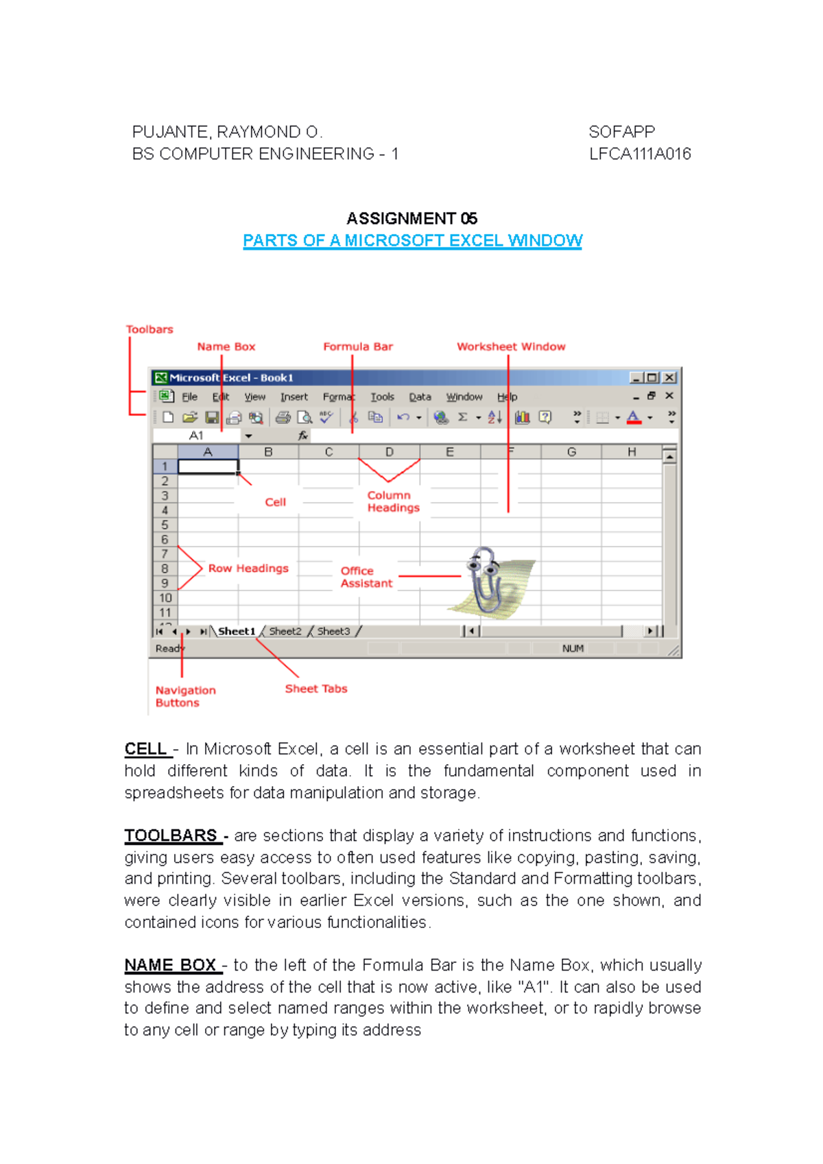 PUJANTE, RAYMOND O. BSCE 1 SOFAPP ASSIGNMENT 05: MICROSOFT EXCEL CELLS ...