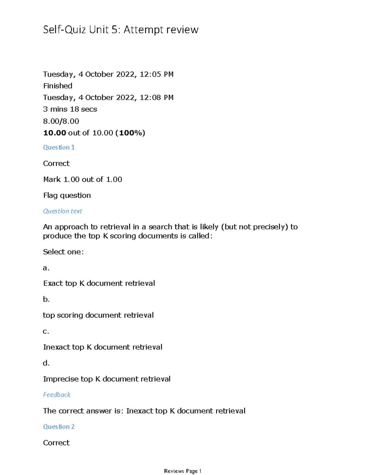 Self-Quiz Unit 5 Review: Scoring & Document Retrieval Insights - Studocu