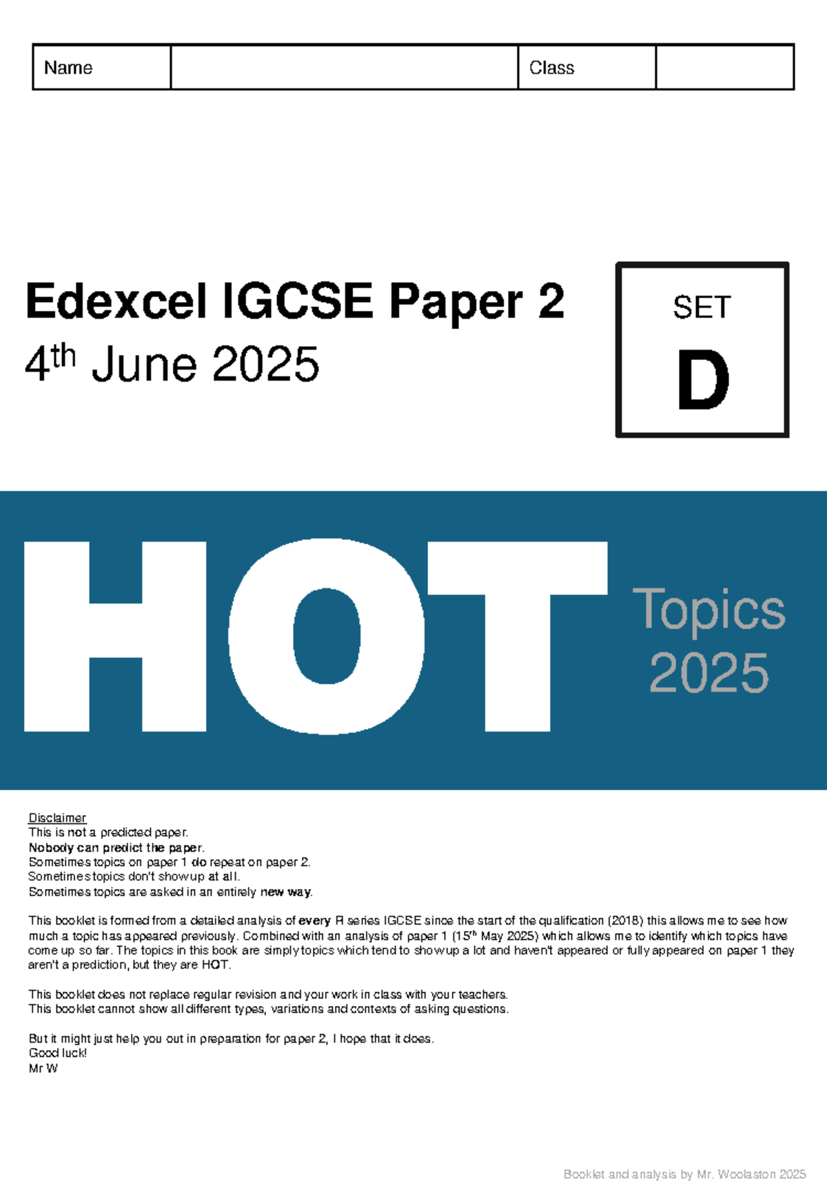 Edexcel IGCSE Paper 2 HOT Topics Analysis - June 2025 Set D - Studocu