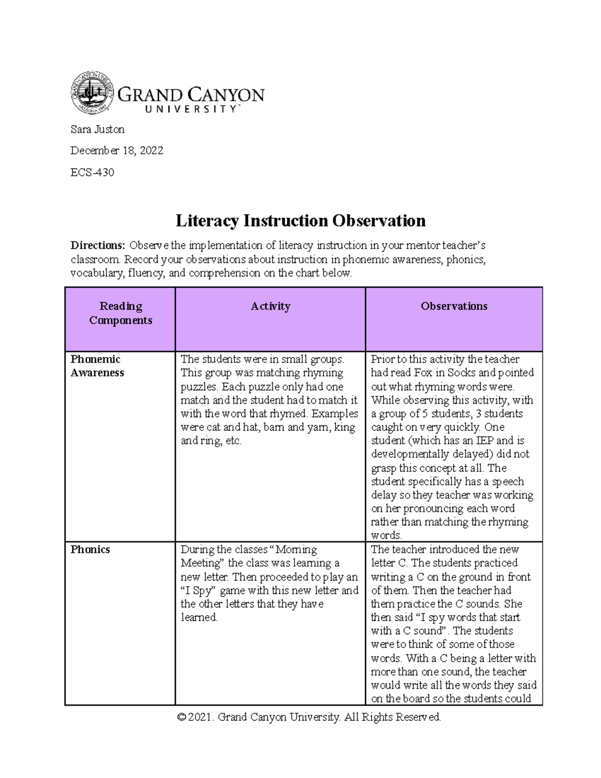 ECS 430 RS T3 CFE A Literacy Instruction Observation - Sara Juston ...