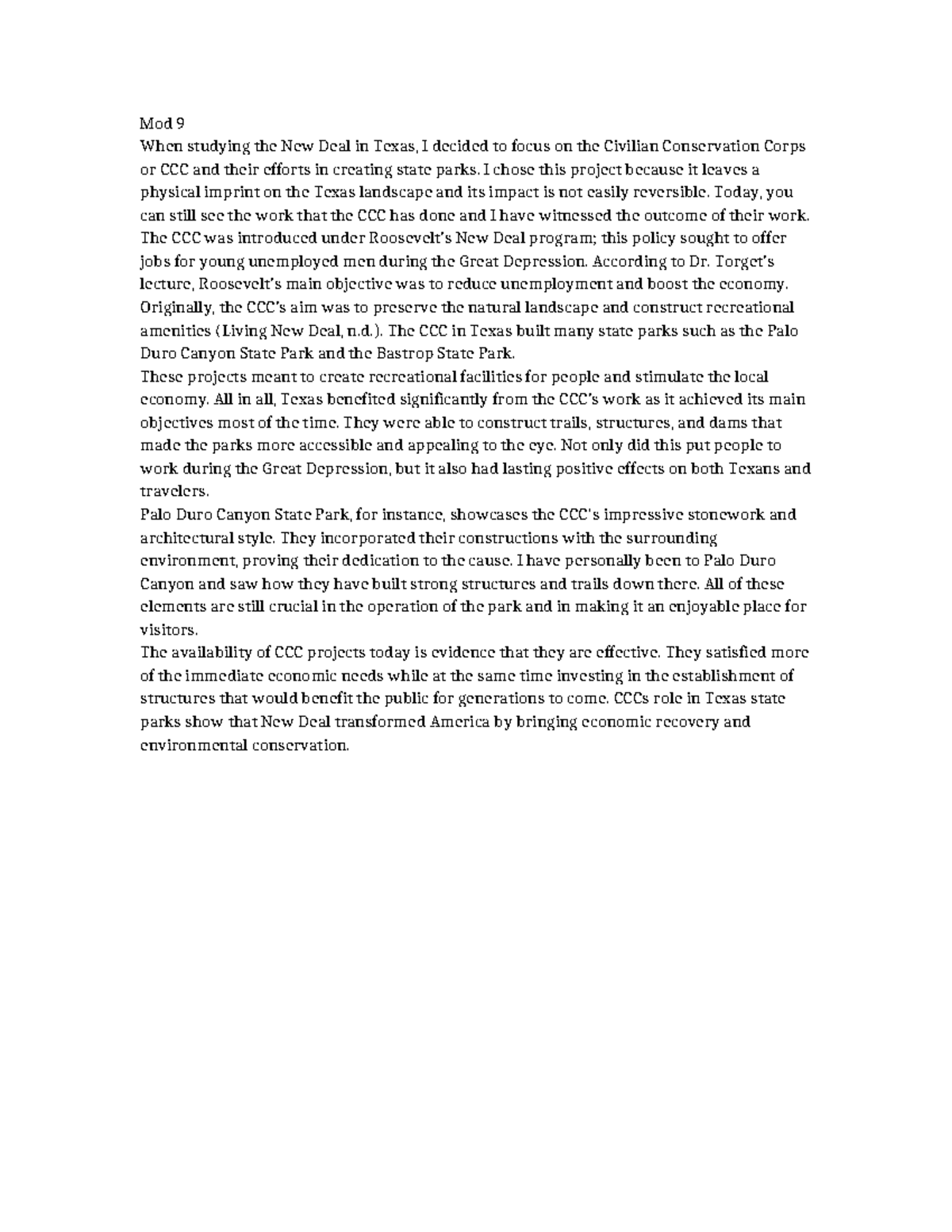 Mod 9 Essay: The Impact of the CCC on Texas State Parks - Studeersnel