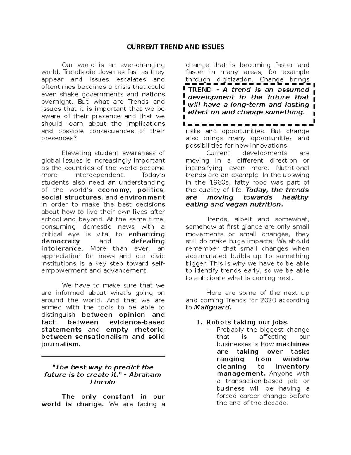 Current Trends and Issues Handouts for Understanding Global Challenges ...
