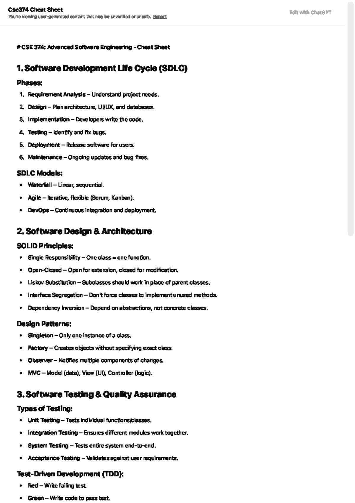 CSE 374: Advanced software engineering quick cheat sheet - Studocu