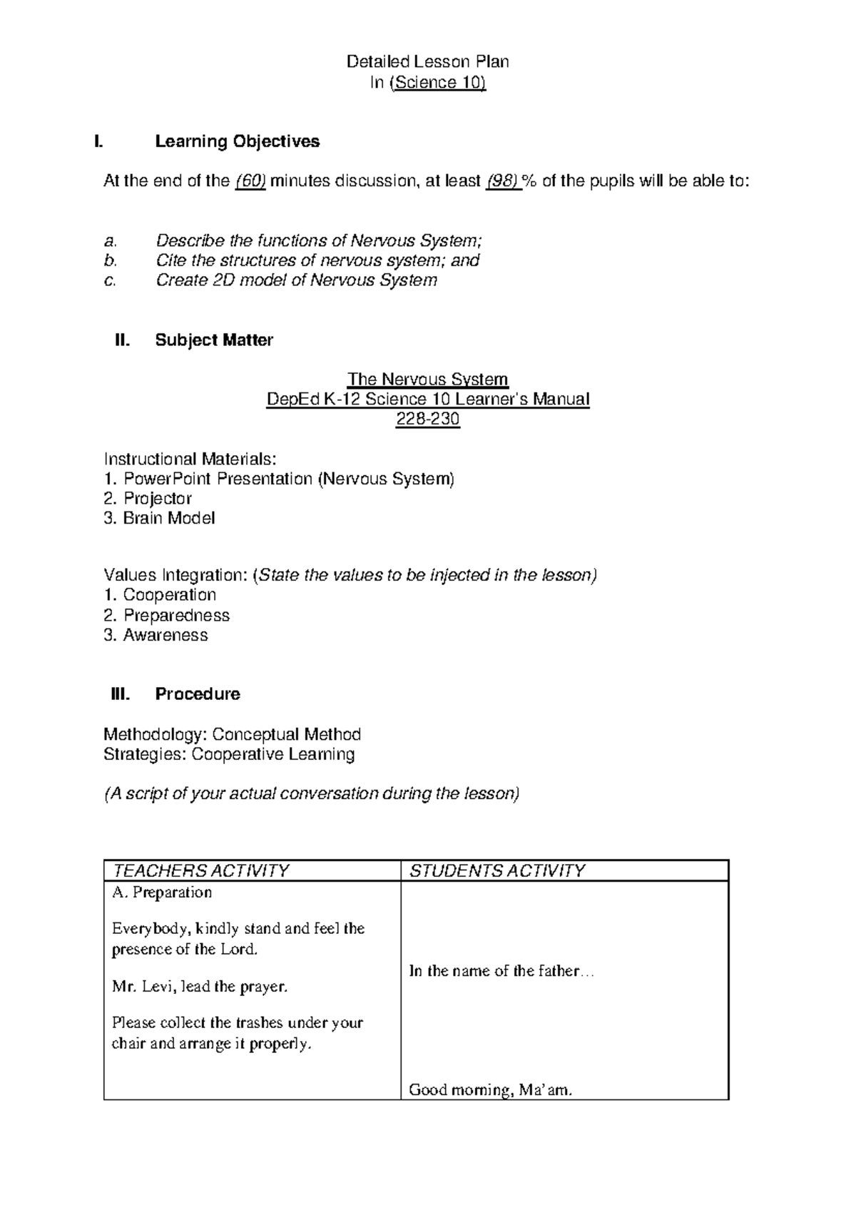 Detailed Lesson Plan on the Nervous System (Science 10) - Studocu