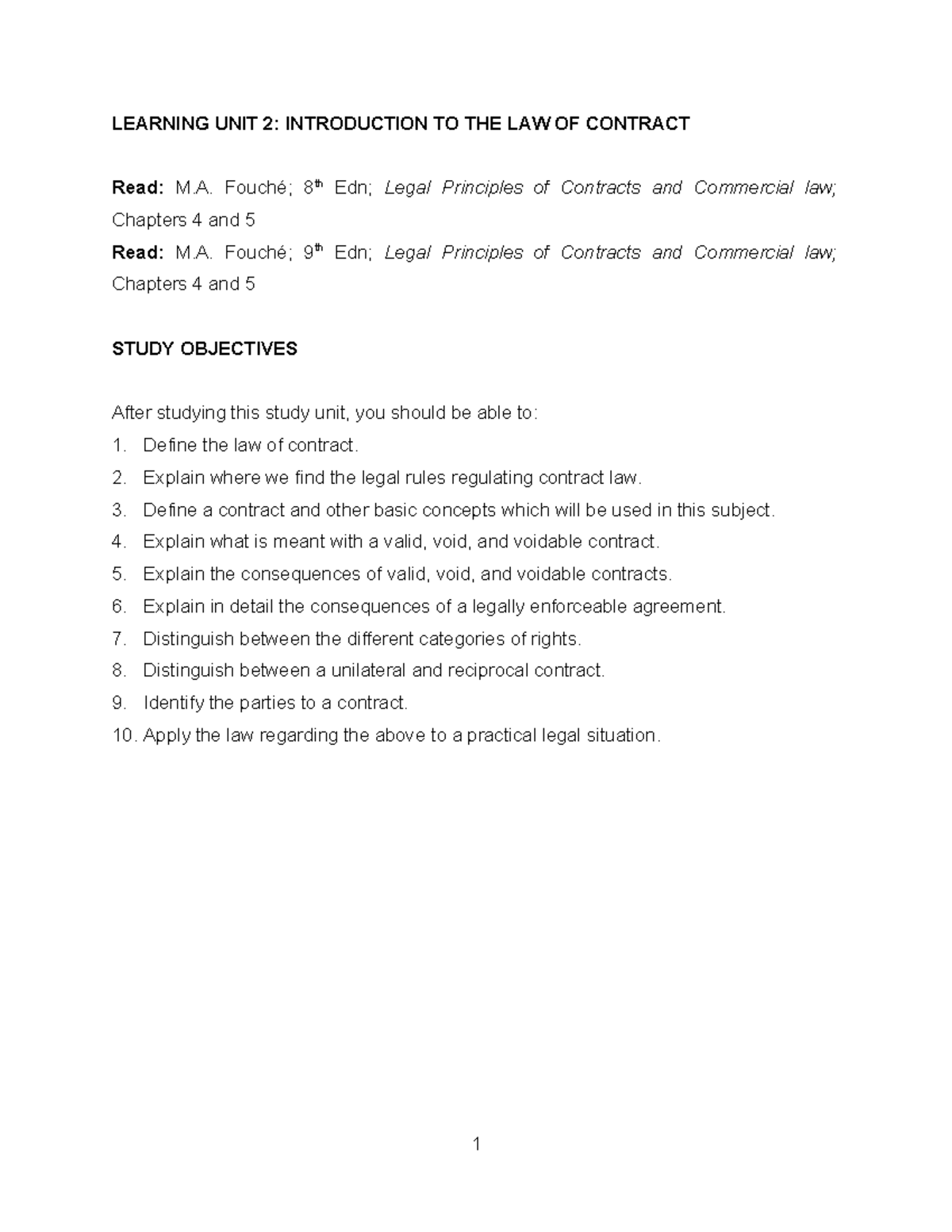 Introduction to the Law of Contract: Key Concepts and Definitions - LEARNING UNIT 2 ...