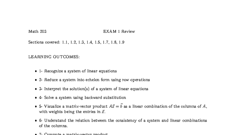 Math 203 Exam 1 Review: Linear Equations & Transformations - Studocu