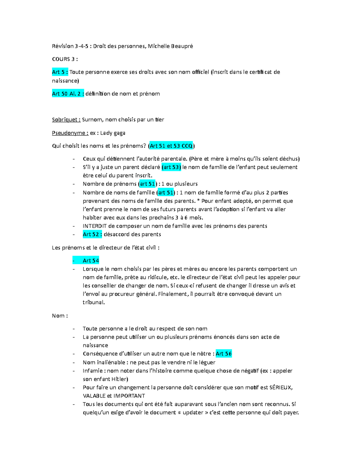 Révision cours 3-4-5 Michelle Beaupré Droit des personnes - Révision 3 ...