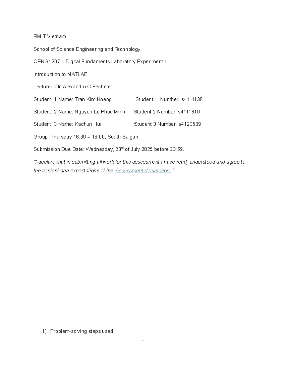 OENG1207 Digital Fundamentals Lab 1: Intro to MATLAB Analysis - Studocu