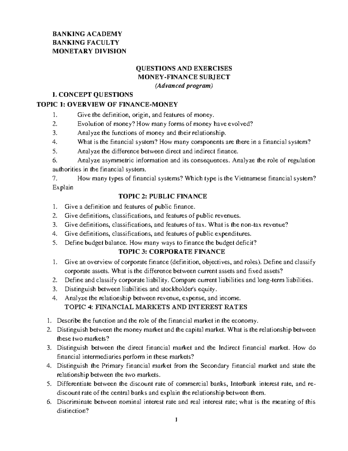 Advanced Banking Program (BANK 101) - Concept Questions & Exercises ...