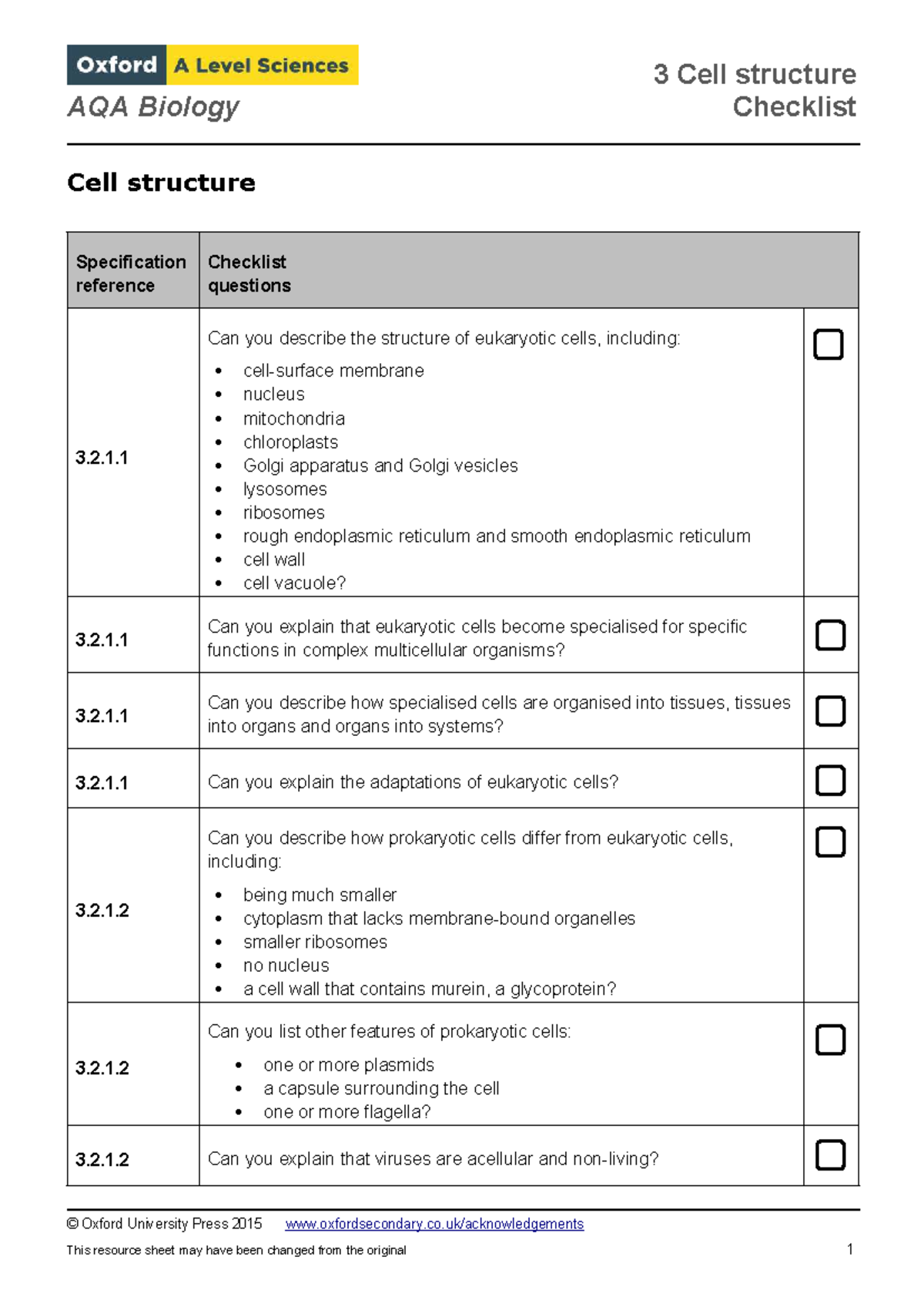 AQA Biology 3 Cell Structure Checklist: Eukaryotic & Prokaryotic Cells ...