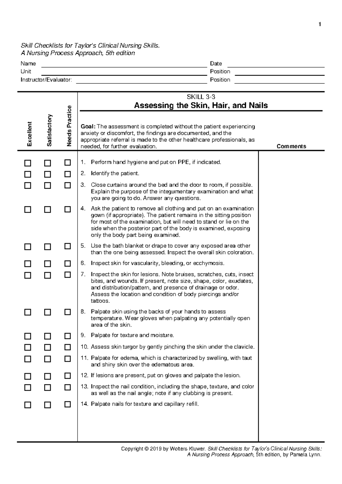 Lynn5e Clinical Nursing Skills Checklist: Skin Assessment - Studocu
