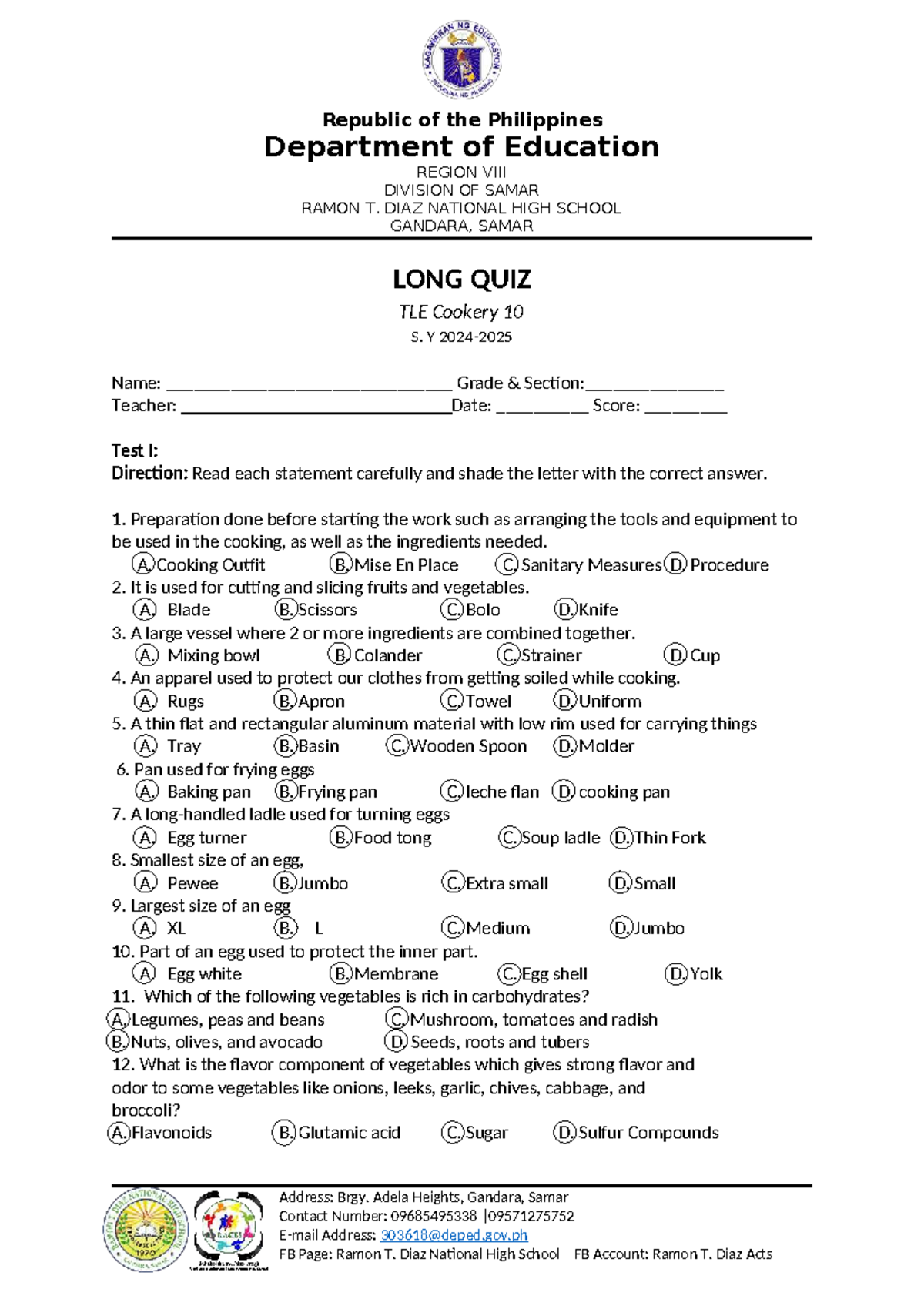 TLE Cookery 10 Long Quiz - Summative Test Q4 - Studocu