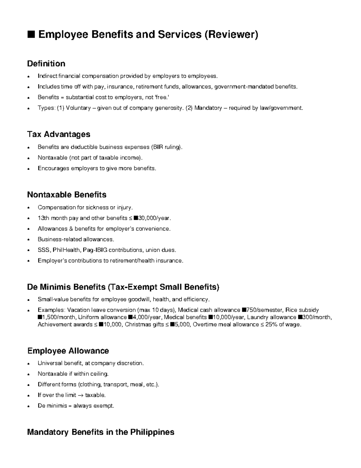 Employee Benefits and Services (Reviewer): Overview and Types - Studocu