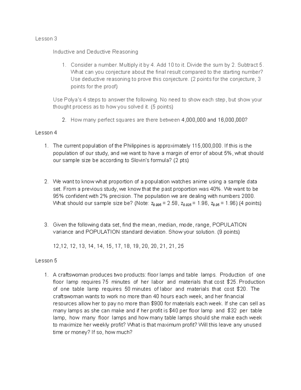 Activity for Lesson 3,4,5 - Lesson 3 Inductive and Deductive Reasoning ...