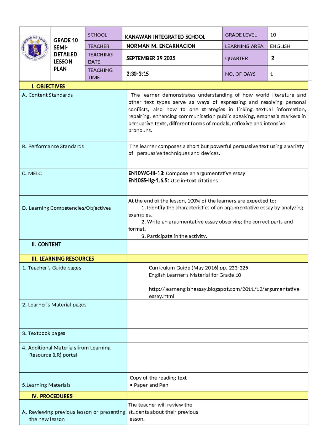 GRADE 10 ENGLISH Q2 WEEK 1 SEMIDETAILED LESSON PLAN - Studocu