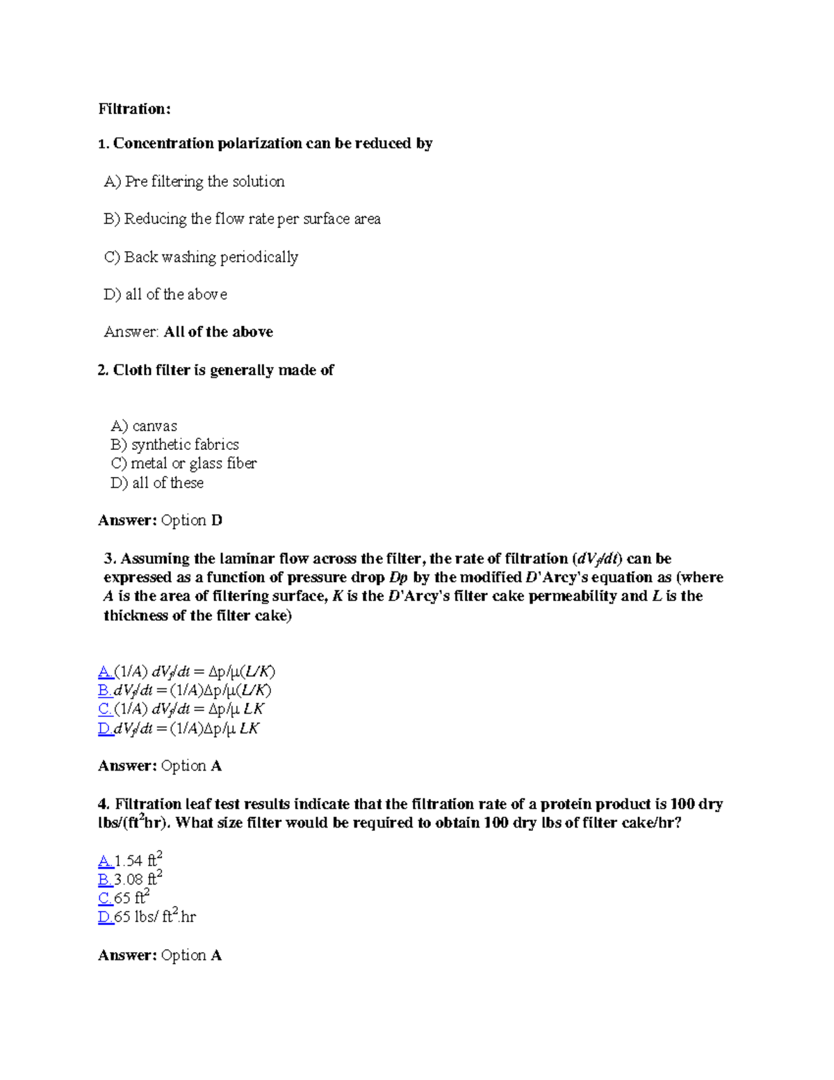 Filtration Multiple choice Question - Filtration: 1. Concentration ...