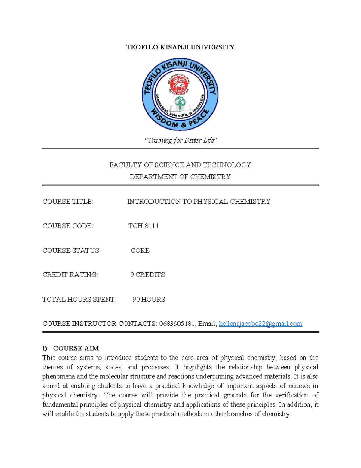 TCH 8111 Course Outline: Introduction to Physical Chemistry - Studocu