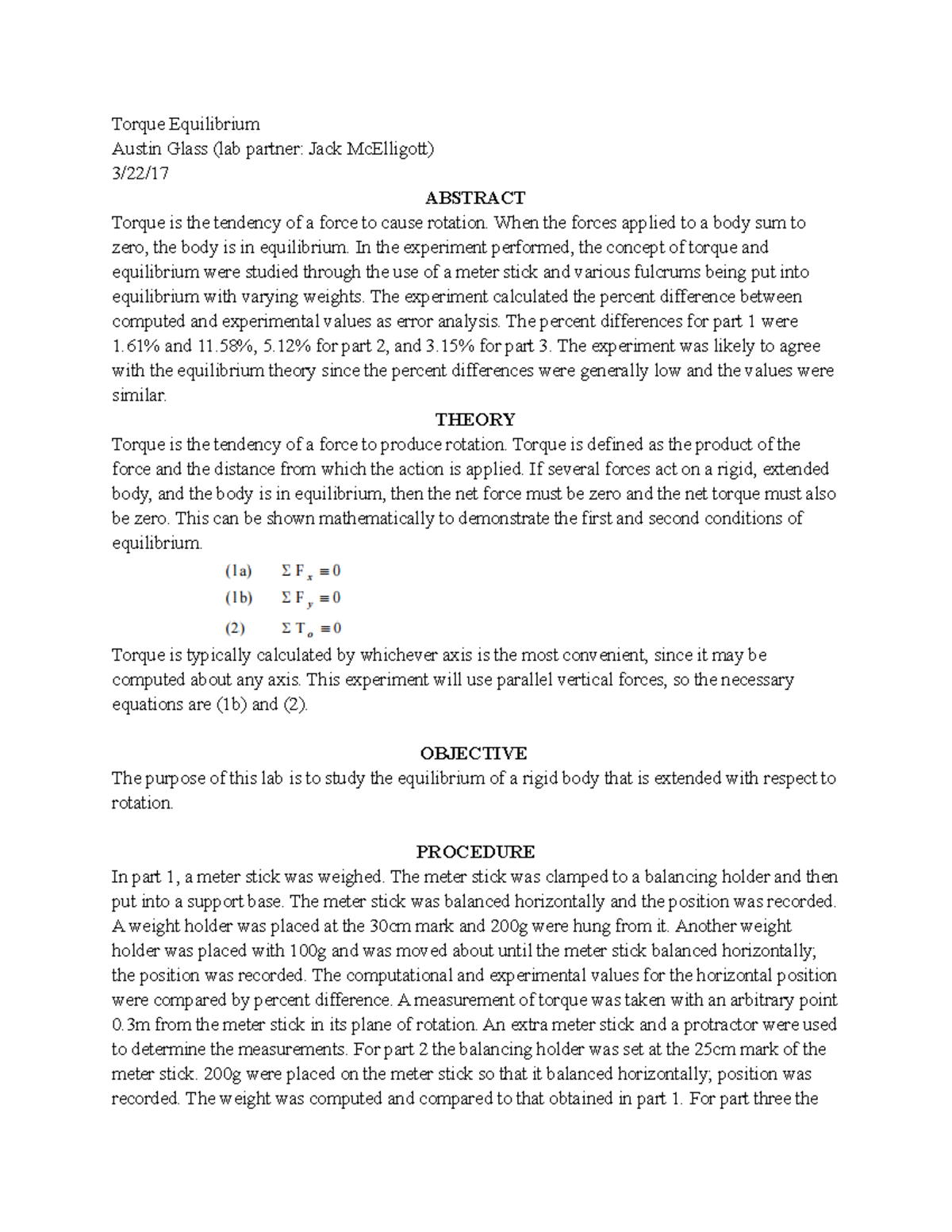 Torque equilibrium - Grade: A - Torque Equilibrium Austin Glass (lab ...