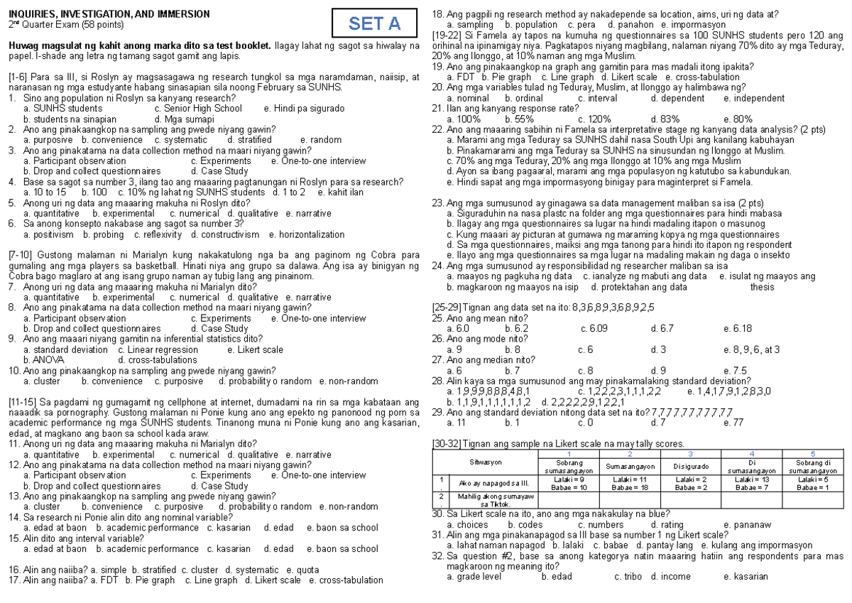 III 2nd Q EXAM - SET A: Inquiries and Investigations in Research - Studocu