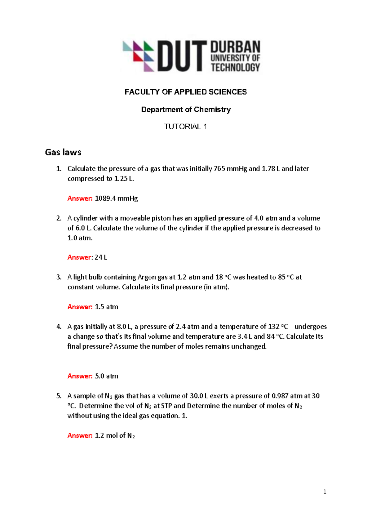 Gas Tutorial 1 - FACULTY OF APPLIED SCIENCES Department of Chemistry ...