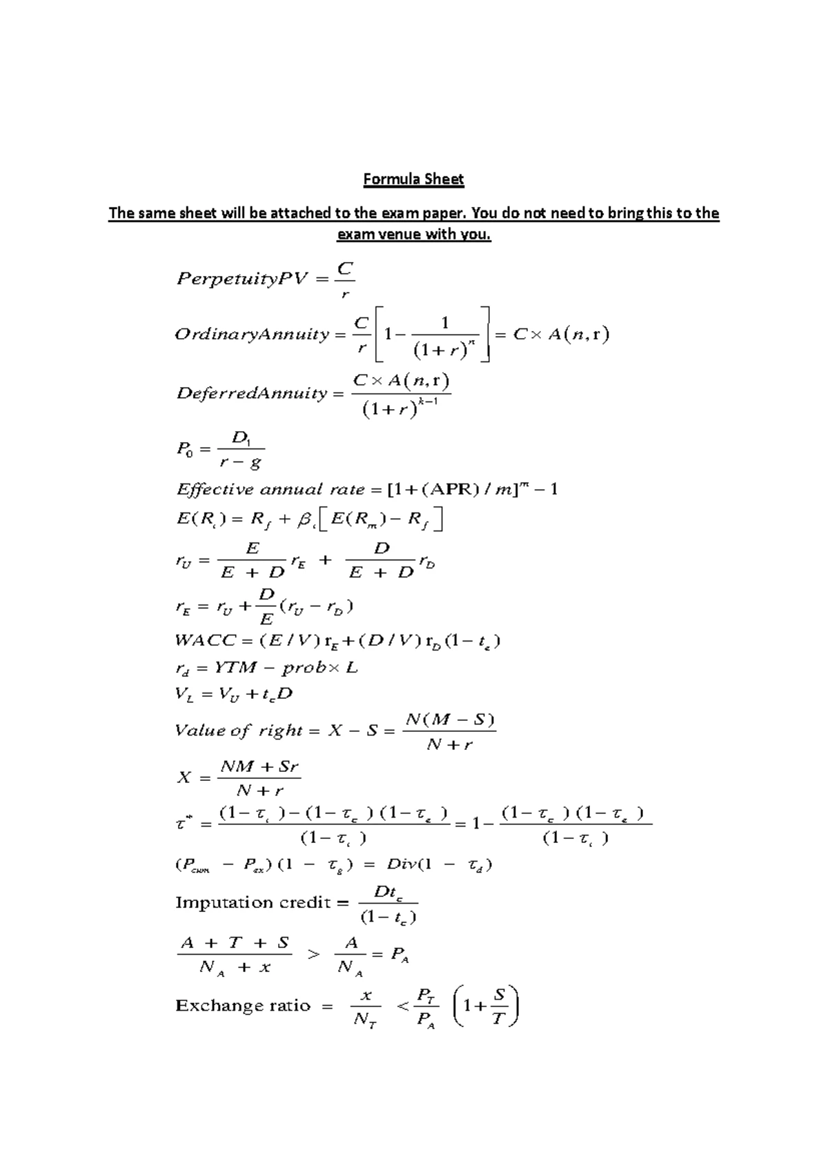 FINM3011 Investments Final Exam Formula Sheet (Preliminary Version ...