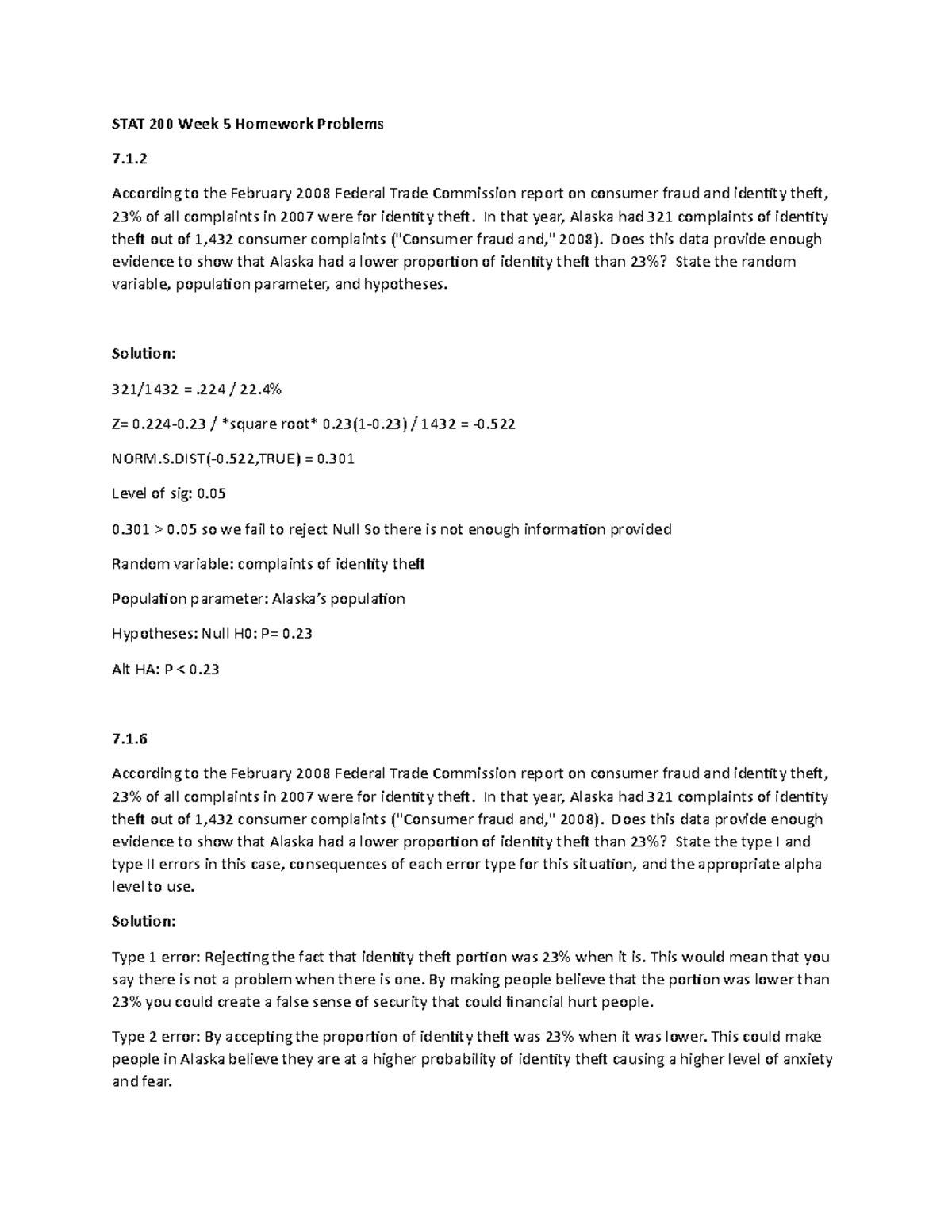 STAT 200 Week 5 Homework Problems and Solutions - Studocu