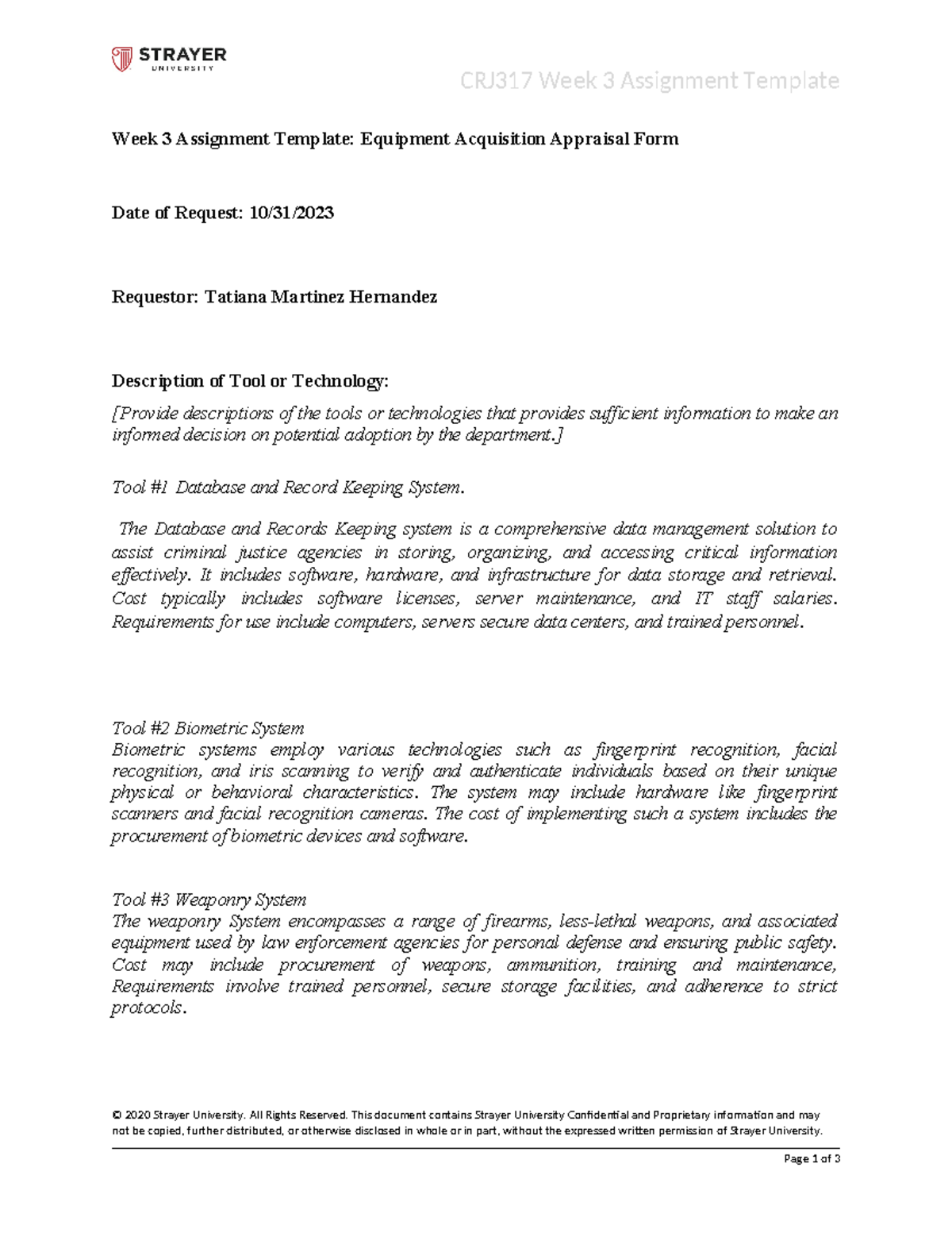CRJ317 Week 3 Assignment: Equipment Acquisition Appraisal Form - Studocu