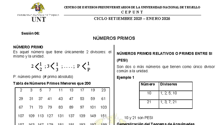 Aritmética C ECEPUNT Sesión 06: Números Primos, MCD y MCM Teoría - Studocu