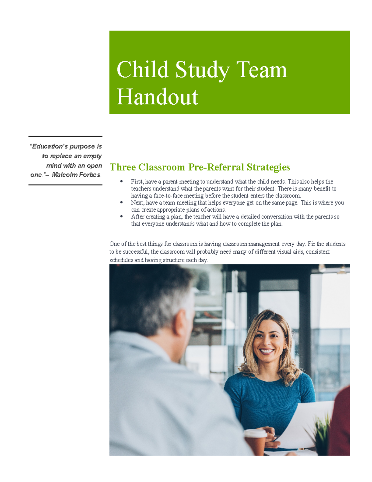 EDU 101: Child Study Team Handout on Pre-Referral Strategies - Studocu