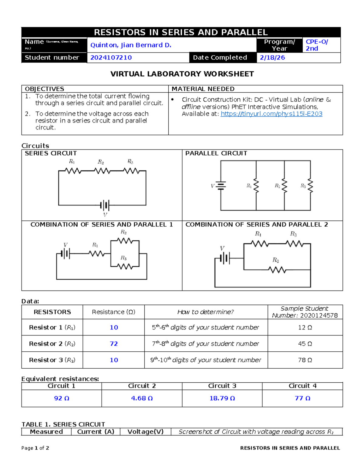 Resistors in Series & Parallel: Year 2 Virtual Lab Worksheet - Studocu