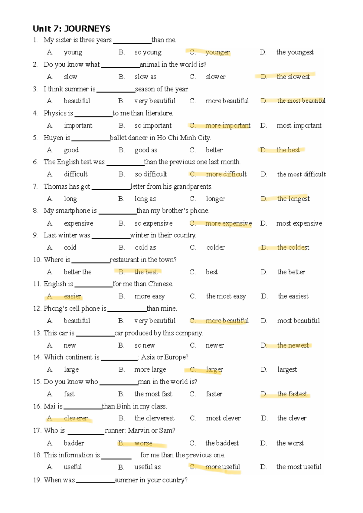 Unit 7: JOURNEYS - Grammar and Vocabulary Practice - Studocu