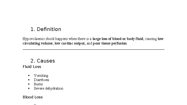 Shock - Exam Notes on Hypovolaemic Shock and Homeostasis - Studocu