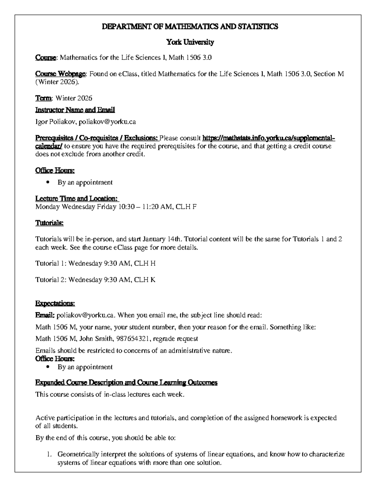MATH 1506 3.0 Winter 2026 Course Outline for Life Sciences I - Studocu