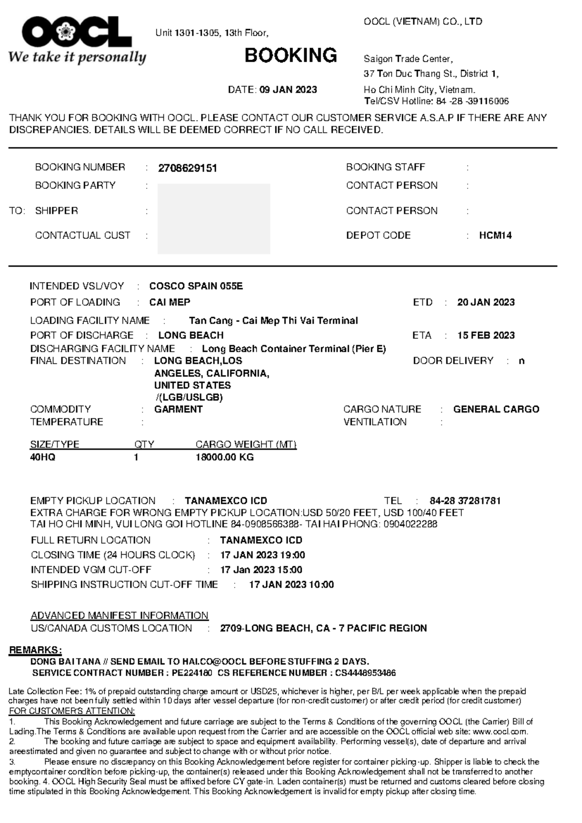 Booking sample - ass - OOCL (VIETNAM) CO., LTD Unit 1301-1305, 13th ...