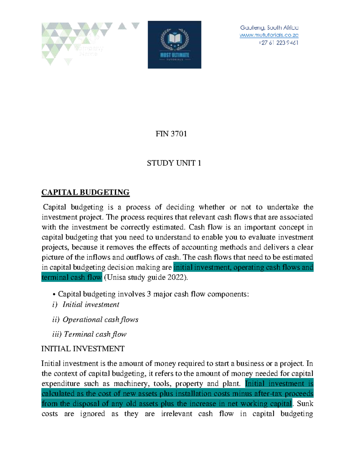 FIN 3701 Capital Budgeting Study Unit 1 - 2022 Guide - Studocu