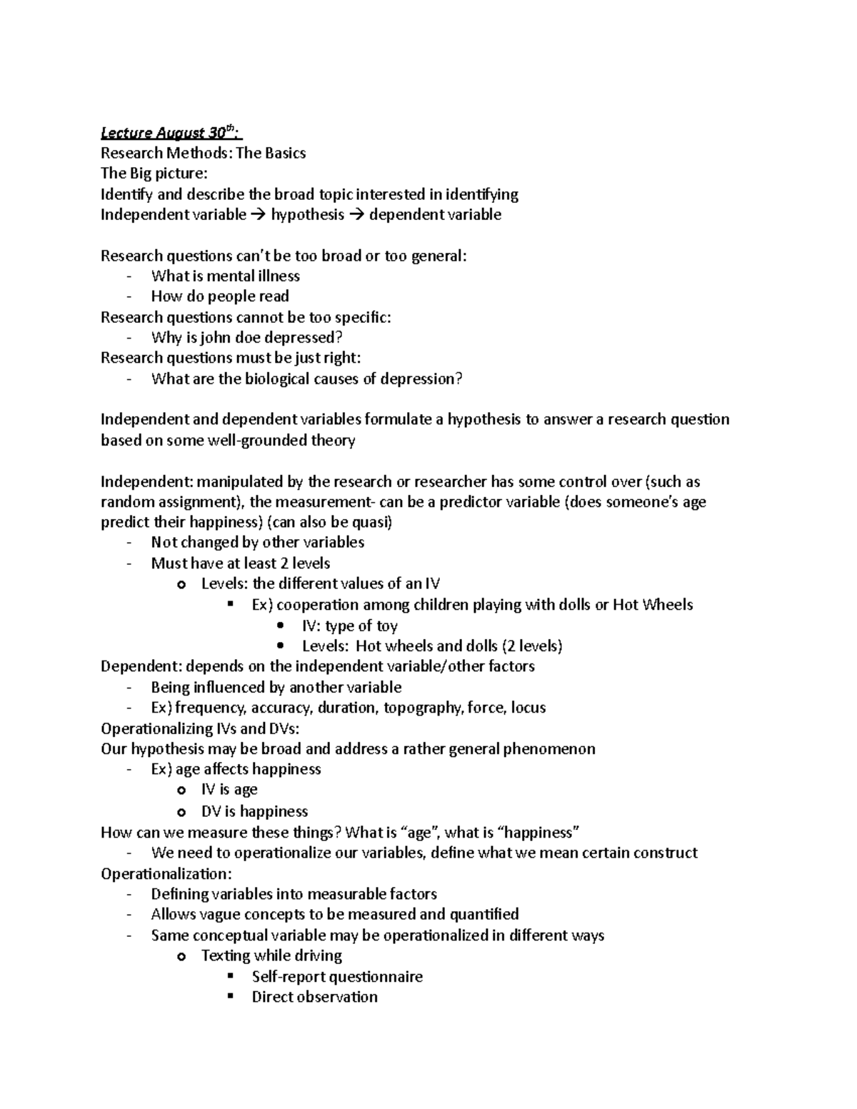 Research methods lab notes - Lecture August 30th: Research Methods: The ...